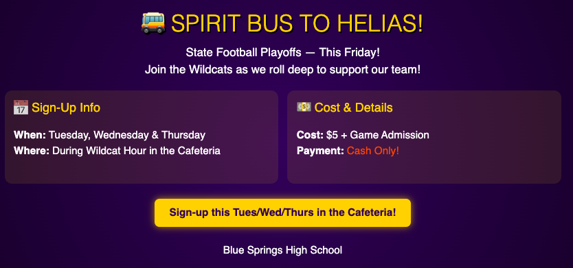 SPIRIT BUS INFO - PLAYOFF GAME IN JEFFERSON CITY (11/14) | Blue Springs High School (MO)